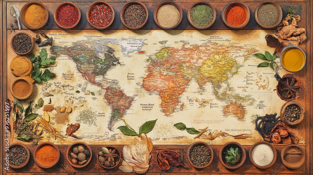 A culinary map featuring spices and ingredients from around world ...