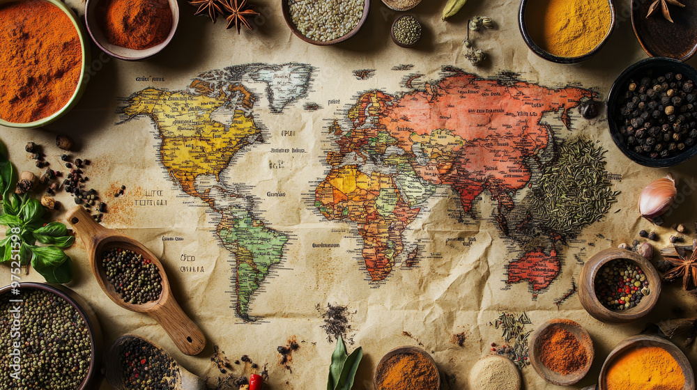 A culinary map featuring spices and ingredients from around world ...
