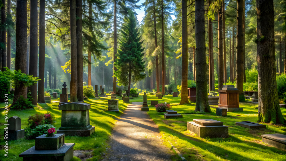 Peaceful forest cemetery surrounded by tall trees and greenery ...