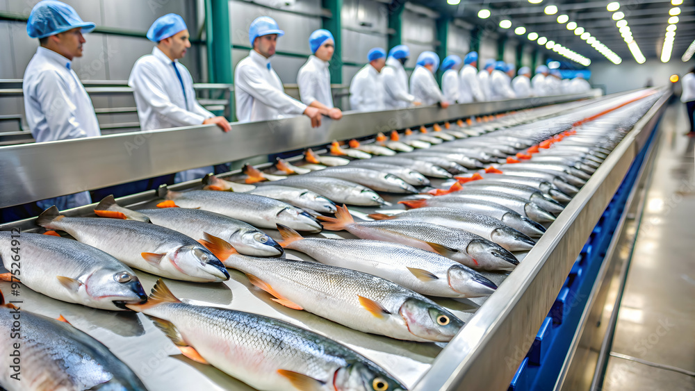 Row of freshly caught salmon being processed at a fish factory , fish ...