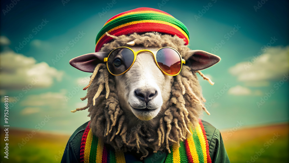 Funny sheep dressed in festival attire for reggae music concert, fun ...