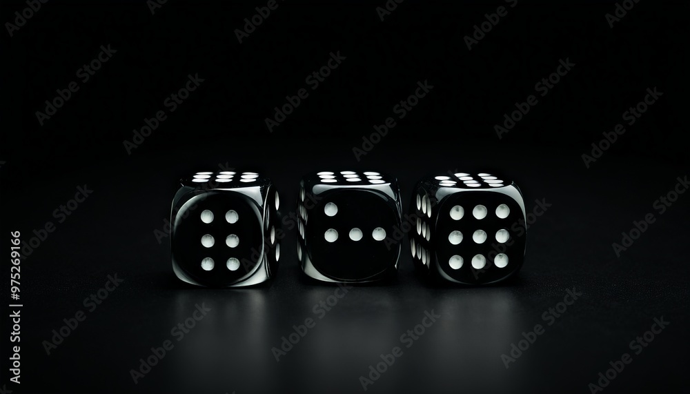 Three black dice with white dots aligned in a row against a dark ...