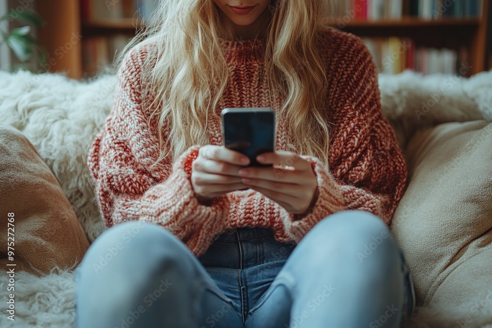 Relaxed Woman on Sofa Using Phone for Texting, Social Media, and Online ...