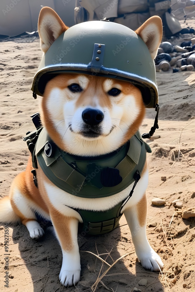 Shiba Inu dog in world war 3 wearing protection armor. survival for ...
