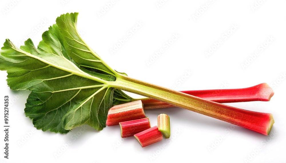 Common rhubarb - Rheum rhabarbarum - Red and green stalks isolated on a ...