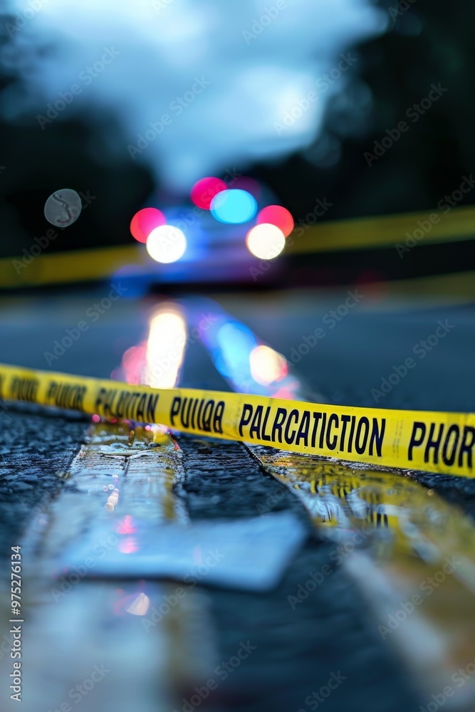 Crime Scene Tape Restricts Access in Blurred Nighttime City Street with ...