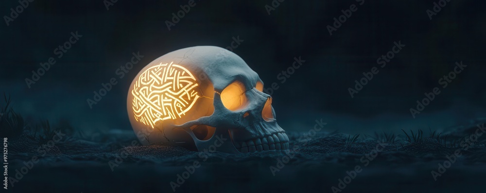 Skull with runes carved into the bone, glowing softly in a pitch-dark ...