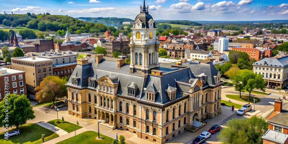 Aerial view of Muskingum County Courthouse and clock tower in downtown ...