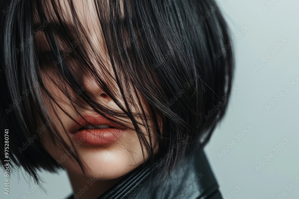 Elegant woman with shiny bob haircut and soft features captured against ...