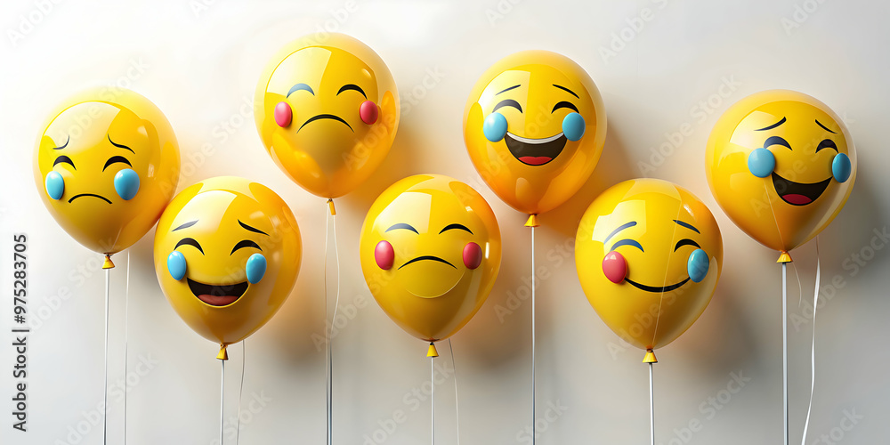 Realistic balloons with crying face emojis on white background ...