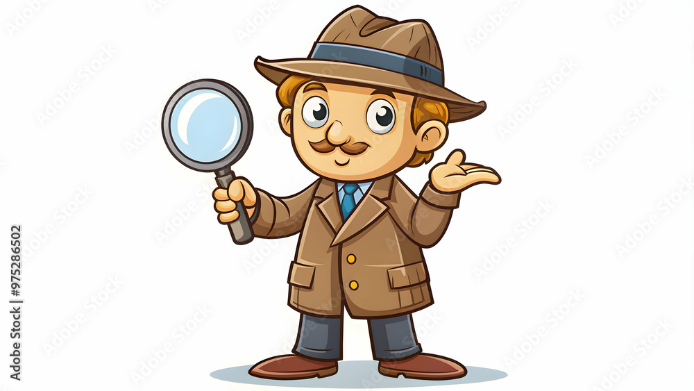 Cartoon detective character searching for clues with a magnifying glass ...