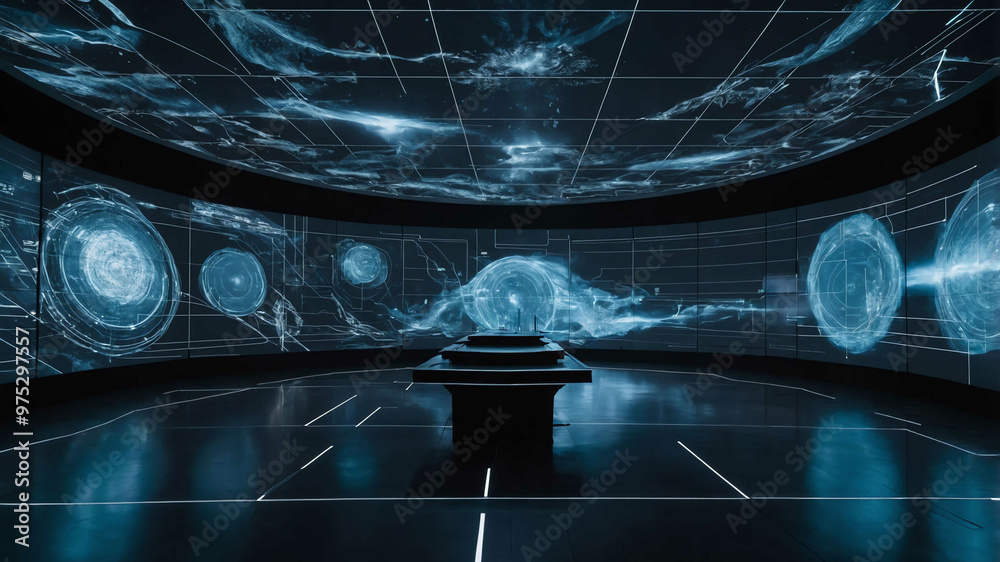 Futuristic data visualization center with large scale digital ...