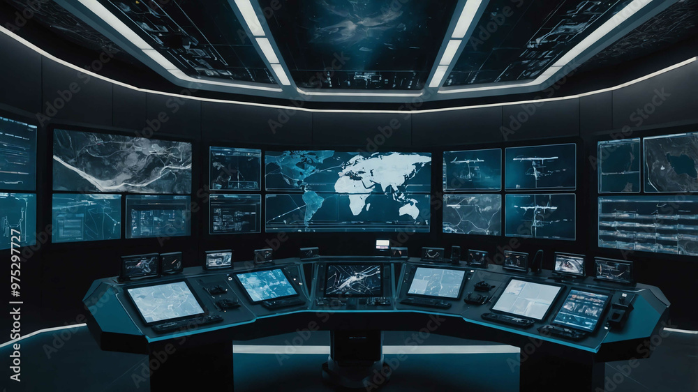 Futuristic drone control center with multiple screens and real time ...
