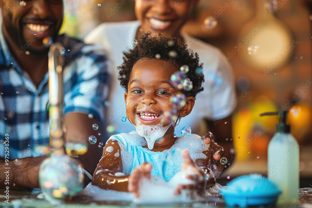 Parents demonstrating proper handwashing technique, child scrubbing ...