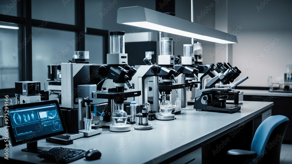 Modern research lab with digital microscopes and automated sample ...