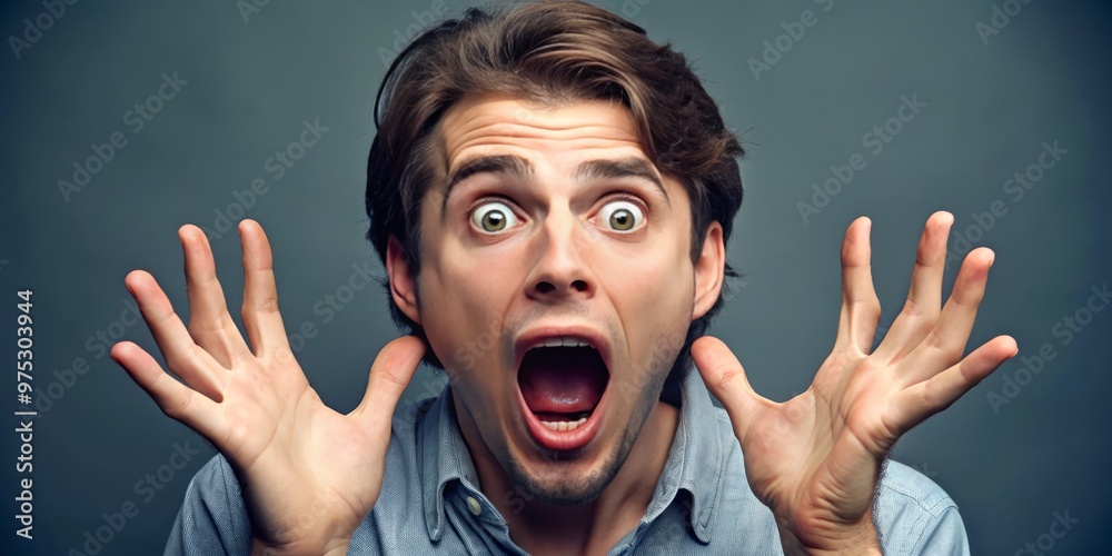 Eyes staring straight ahead, mouth hanging open, palms raised, the ...