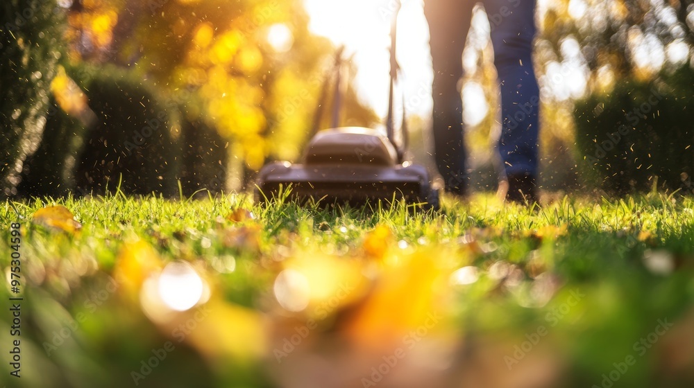 Mowing the grass with a lawn mower in garden at early autumn. Mulching ...
