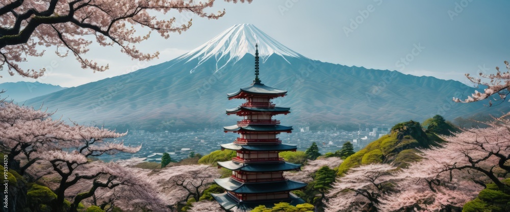 Stunning view of Mount Fuji framed by cherry blossoms and a traditional ...