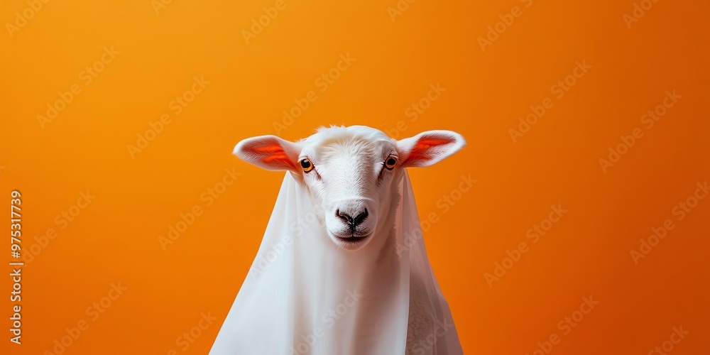 Sheep dressed as a ghost with a flowing white sheet, ghost sheep, farm ...