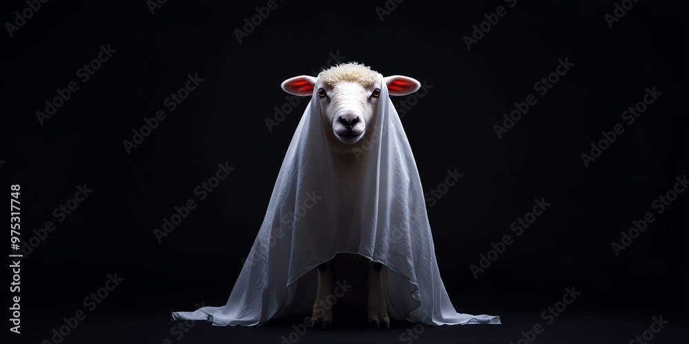 Sheep dressed as a ghost with a flowing white sheet, ghost sheep, farm ...