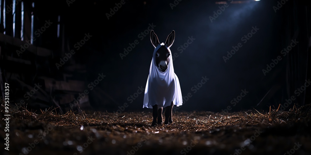 Donkey dressed as a ghost walking through a haunted farm, ghost donkey ...