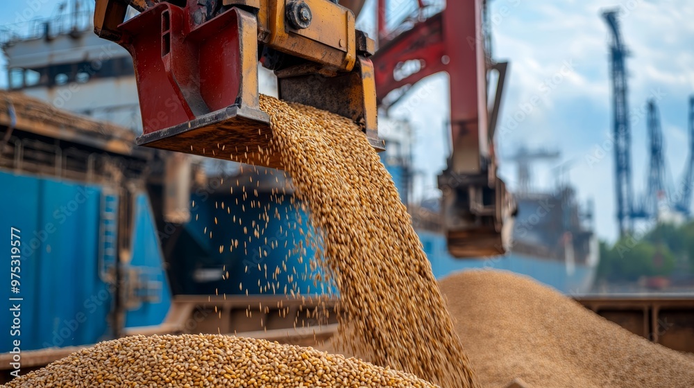 Grain pouring from an industrial conveyor at a shipping facility. Stock ...
