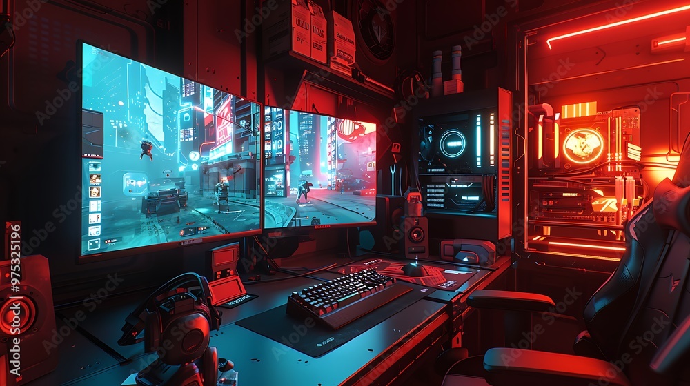 Powerful Personal Computer Gamer Rig with First-Person Shooter Game on ...