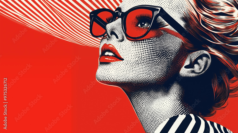 Woman with glasses looks sky, optimistic face illustration. Vintage and ...