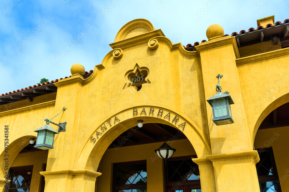 The entrance arch of Santa Barbara station, displaying the name and a ...