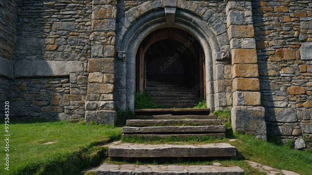 Weathered stone steps leading up to a wooden door in a castle tower ...