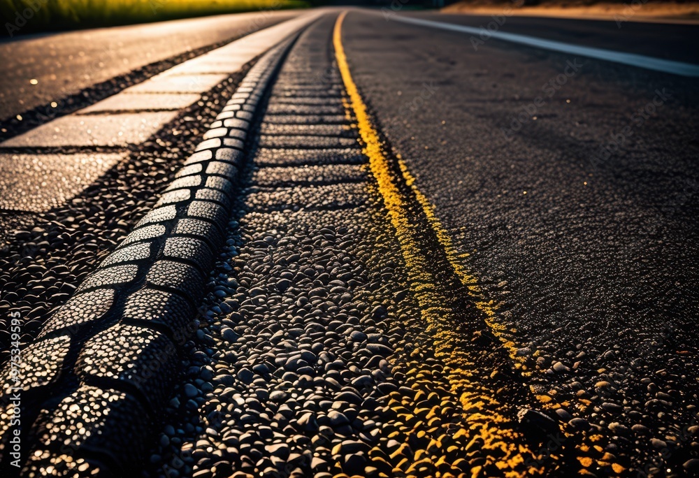 detailed close pavement showcasing distinct tire tracks embedded gravel ...