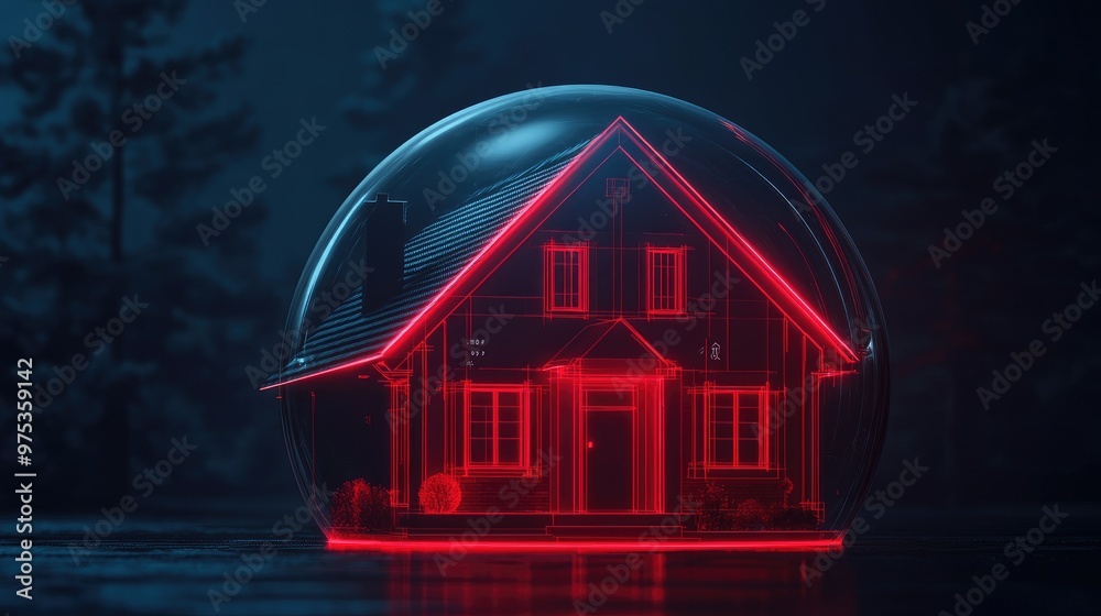 A house shielded by a red dome, symbolizing high-tech alarm systems ...