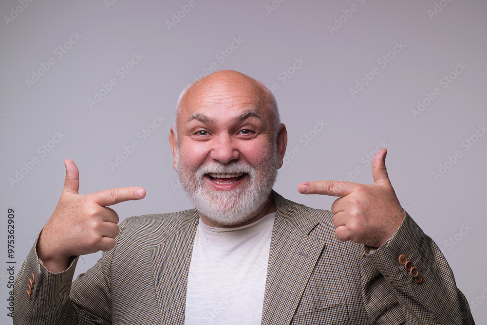 Teeth implant of mature old man. Dental implants. People portrait for ...