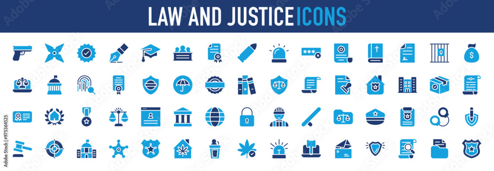 Law and Justice icons set. Pistol, Ninja Blade, Approved, Audience ...
