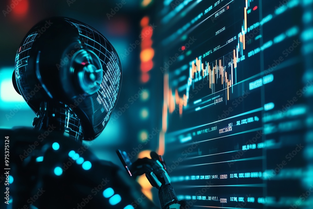Robot Writing And Adjusting Code In Realtime As Stock Graphs Update On Multiple Screens