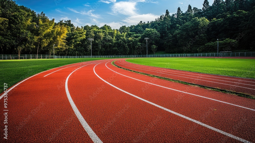Circular running track surrounding a football field in a stadium, with ...