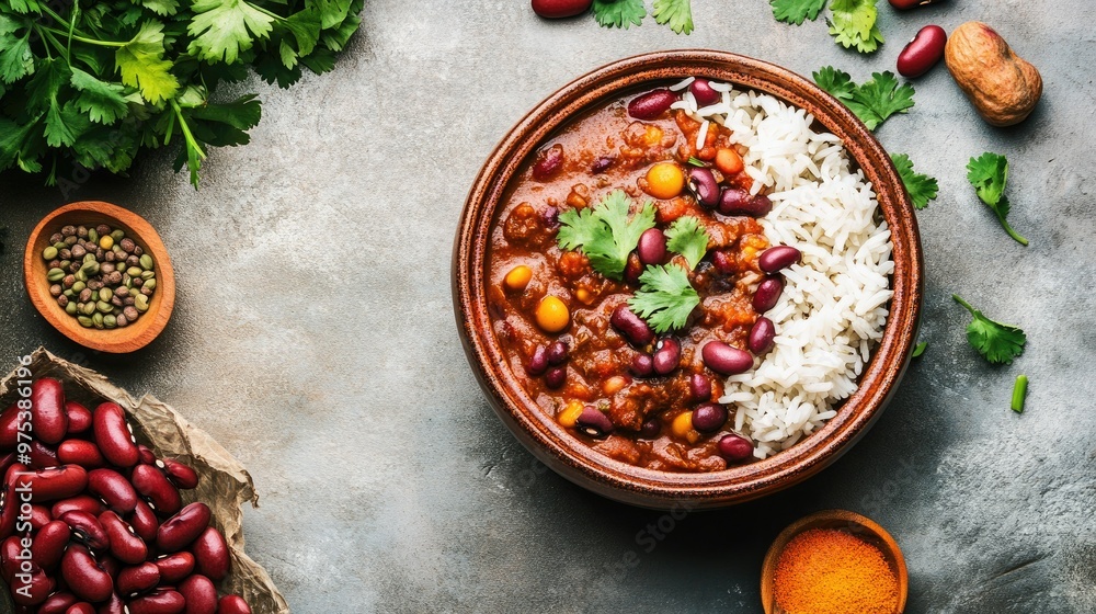 Clay bowl of Rajma red bean curry with rice on a concrete background ...