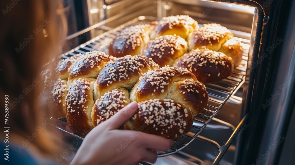 Jewish woman taking out sweet Challah bread from oven for Rosh Hashanah ...