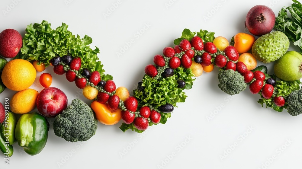 Genetically modified fruits and vegetables arranged in the shape of a ...