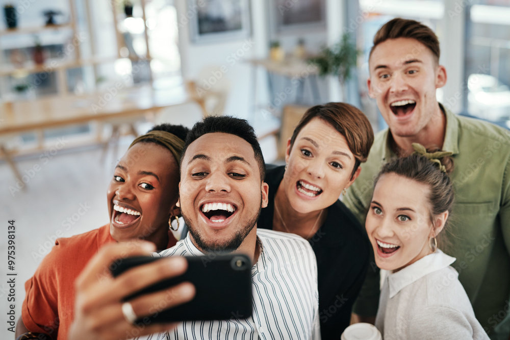 Happy, business people and selfie with photography at office for ...