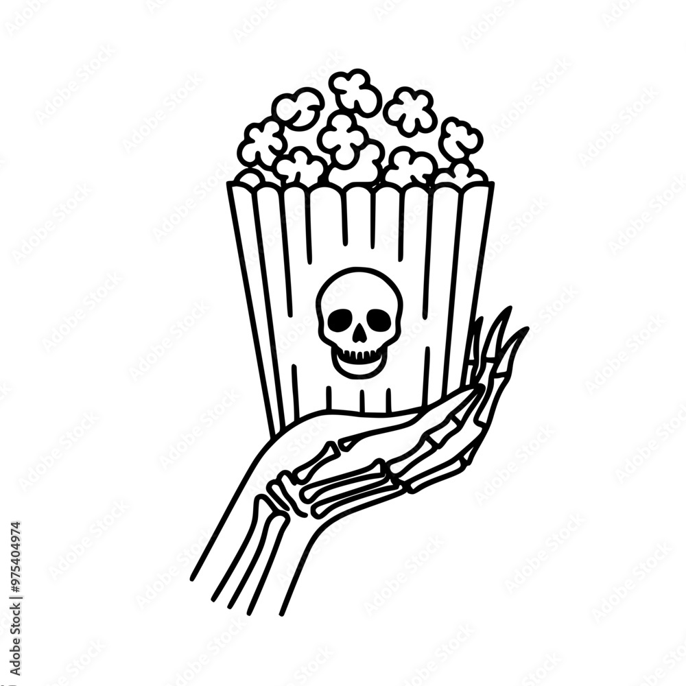 Stylish vector line drawing of a skeletal hand holding a box of popcorn ...
