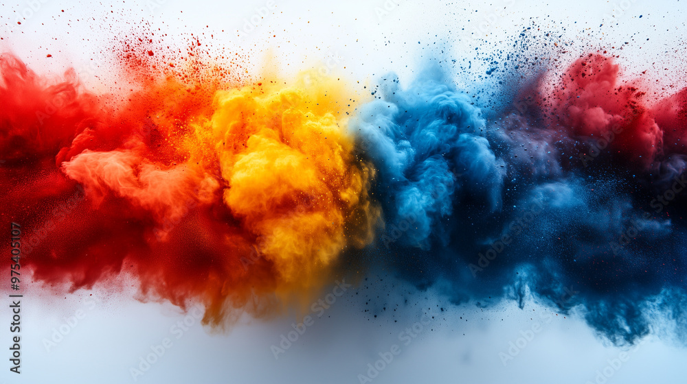 colorful powder explosion on white background. vibrant clouds of red ...