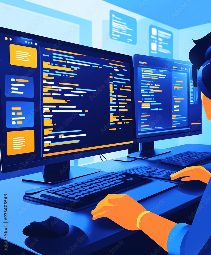 Developer working on multiple monitors with code on screens in a modern ...