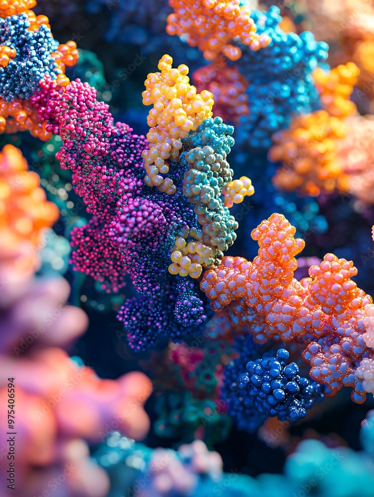 A detailed close-up reveals vibrant, complex molecular structures of ...
