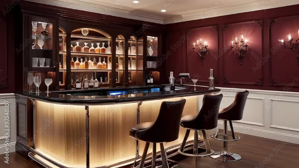 Create a sumptuous bar area with dark, polished walnut wood finishes ...