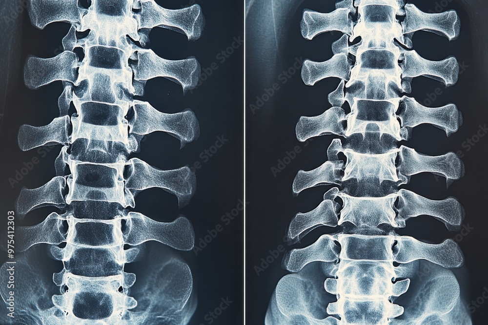 A side-by-side comparison of an X-ray image of a normal spine versus a ...