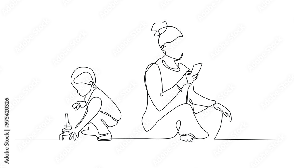 continuous line of parents busy with cellphones and children playing ...