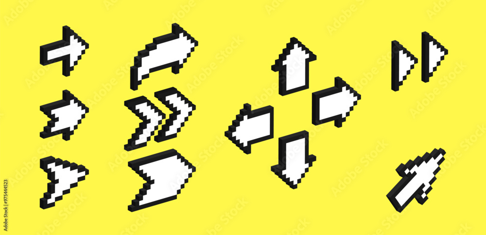 Set of 3d arrows in pixel art style. Vector illustration of 8 bit game ...