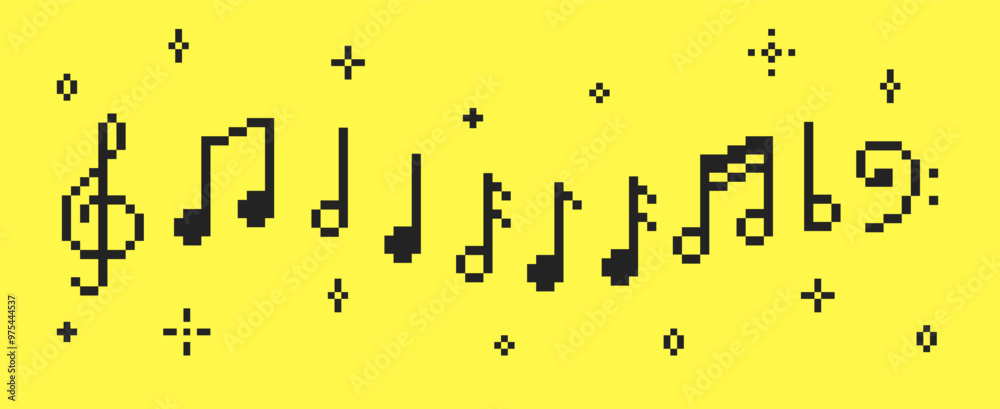 Set of music notes, thunder, clef and melody icon in pixel art. Retro ...