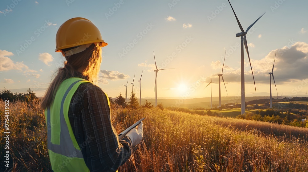 Technician performing a routine check on turbine blades at a wind farm ...